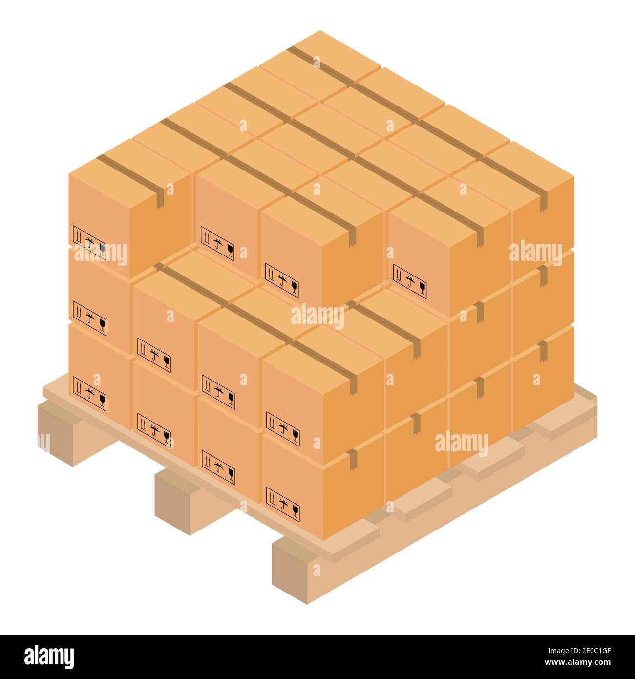Closed cardboard boxes on a pallet with a ribbon with road signs ...