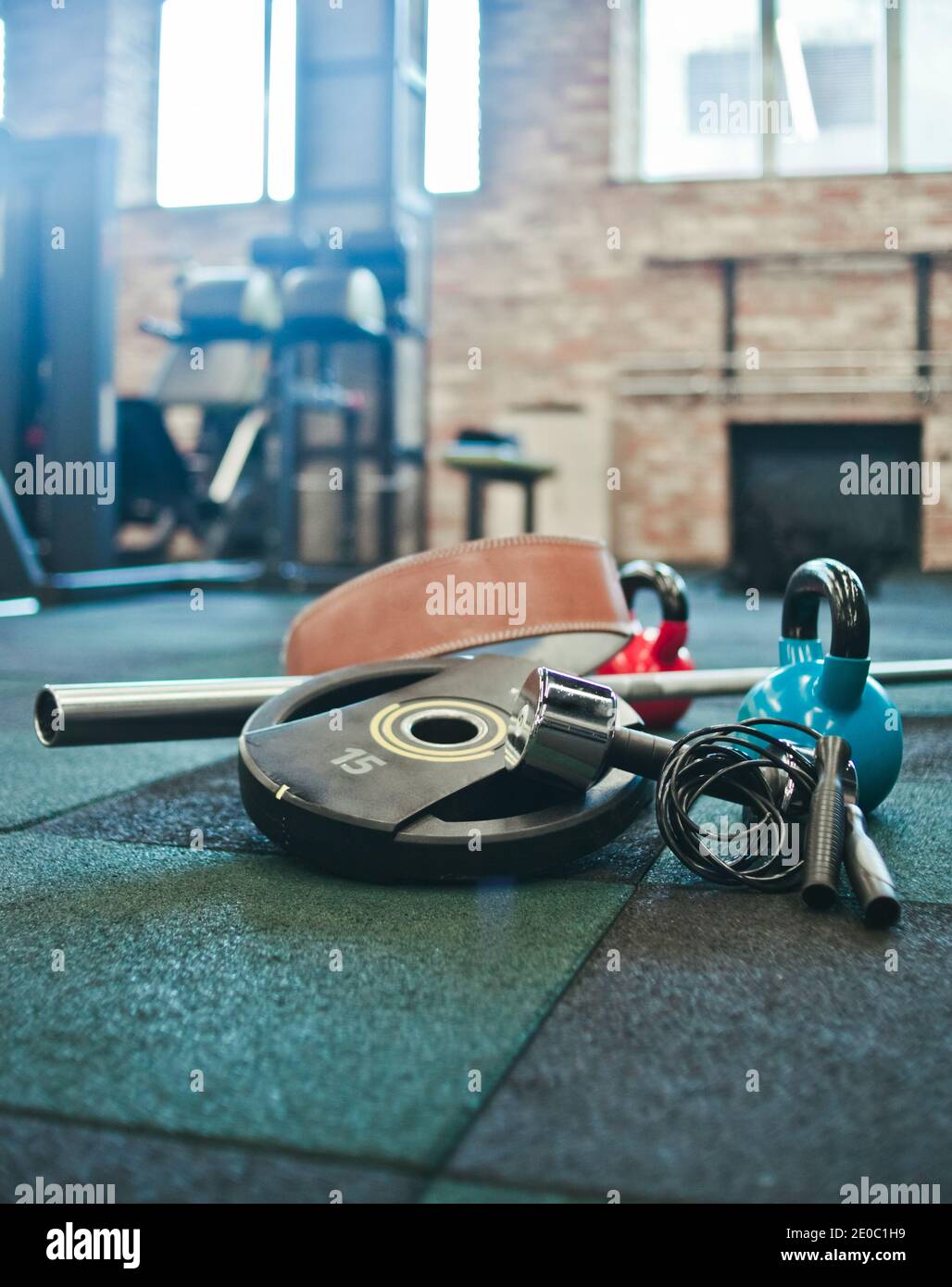 Disassembled barbell, medicine ball, kettlebell, dumbbell, jump rope ...
