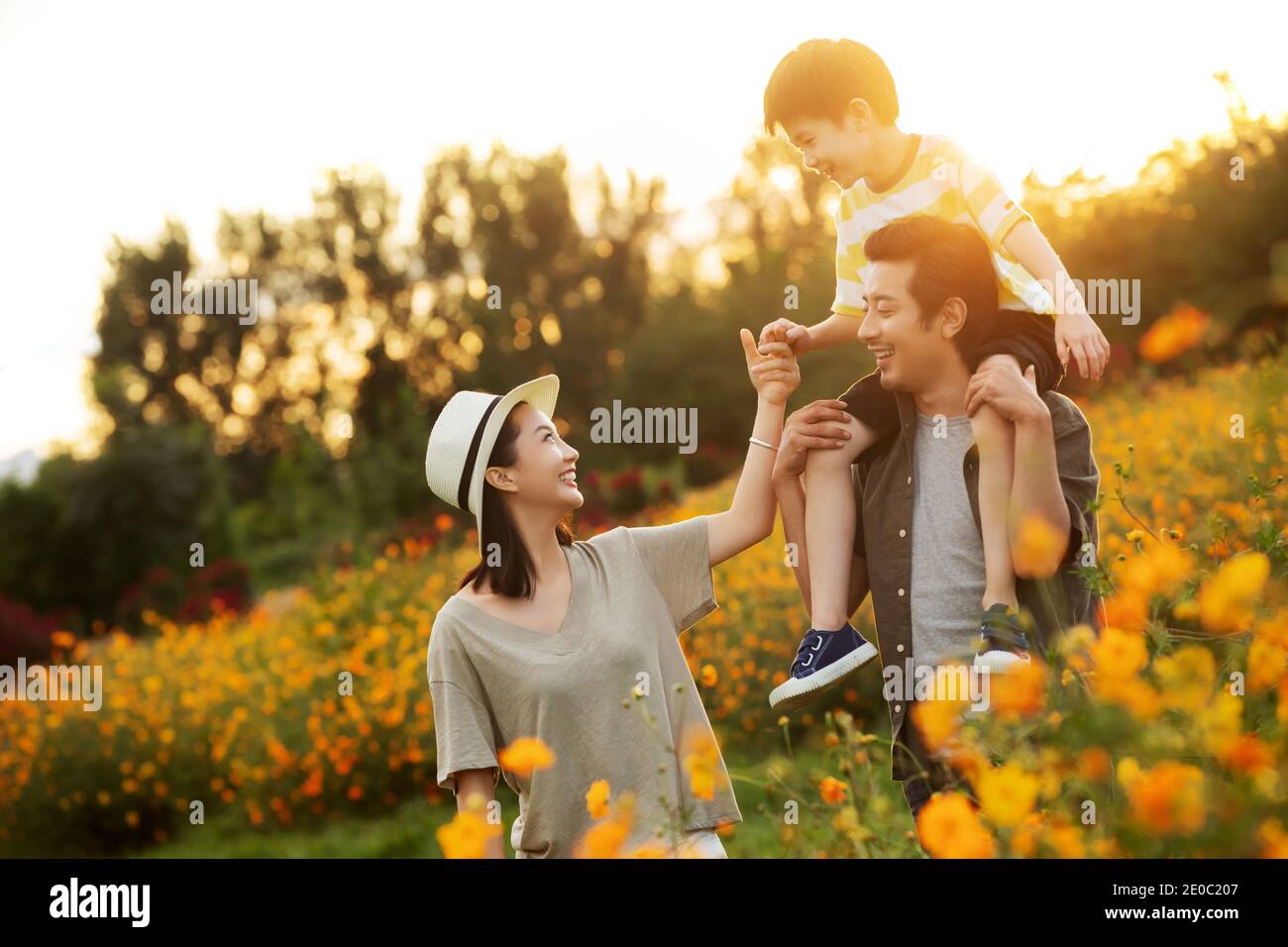 Happy three stand in the bushes Stock Photo - Alamy