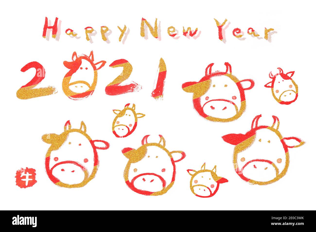 year of the ox, hand paint with red gold ink stroke image on white ...