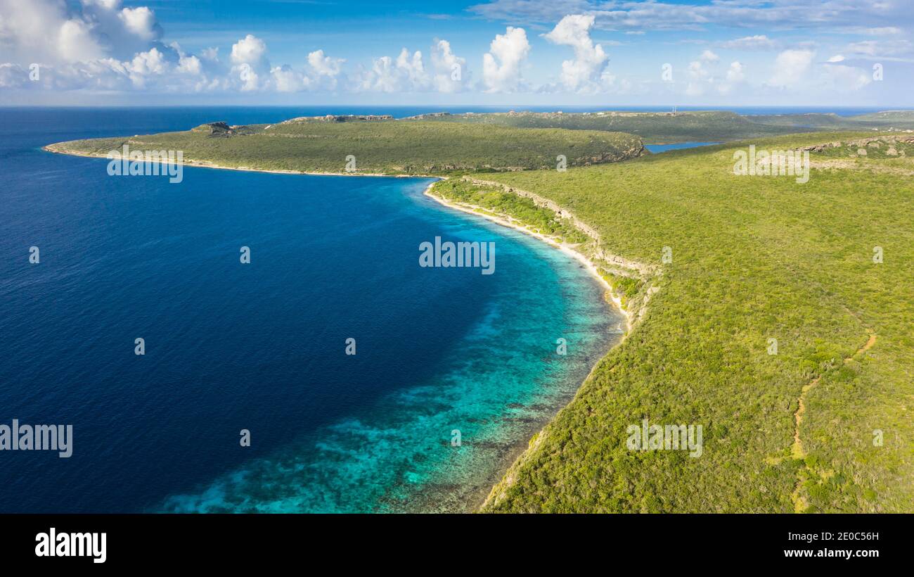 Aerial view above scenery of Curacao, Caribbean with ocean, coast ...