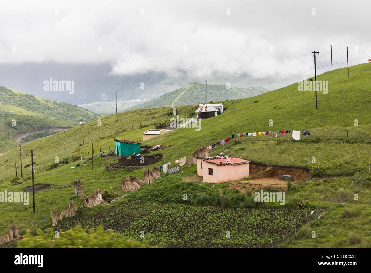 Rural landscape Transkei South Africa with green mountains and houses ...