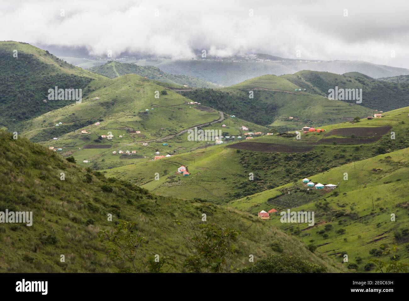 Rural landscape Transkei South Africa with green mountains and houses ...