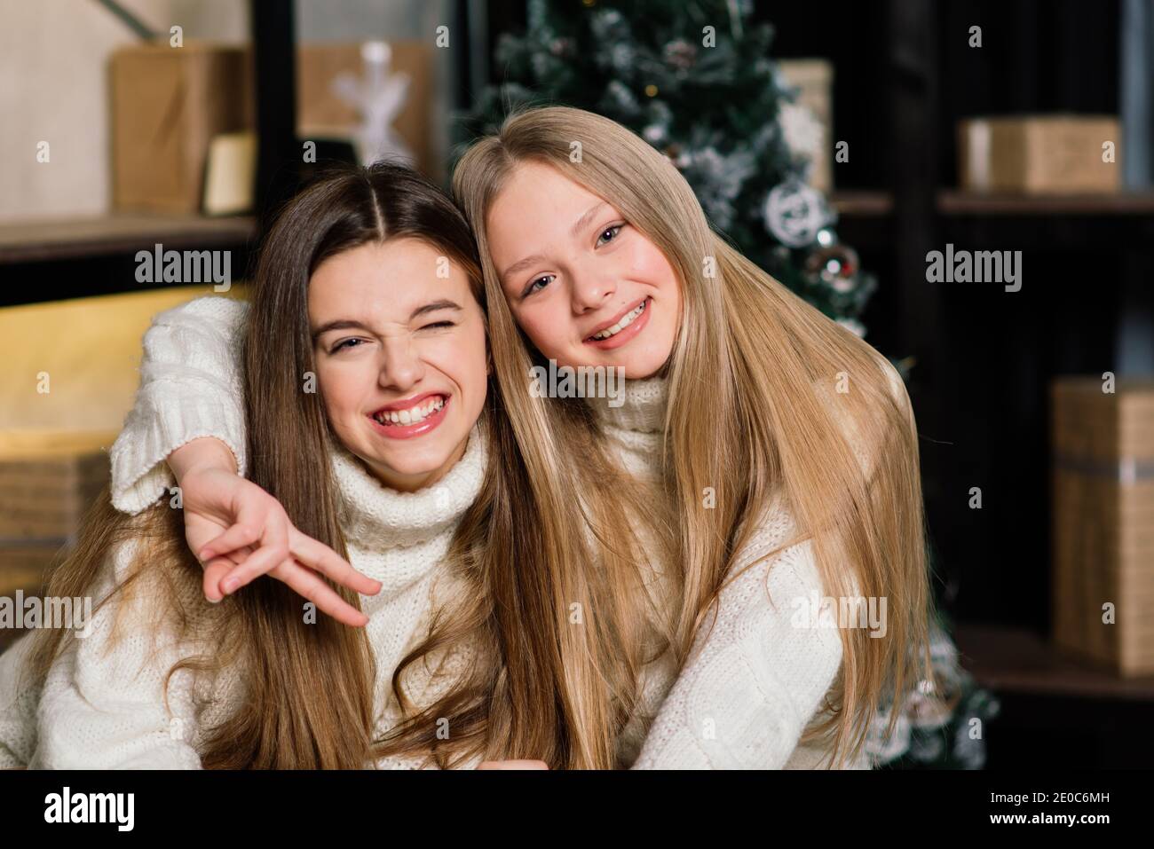Two cute girls are sitting on a sofa in a christmas interior with a ...