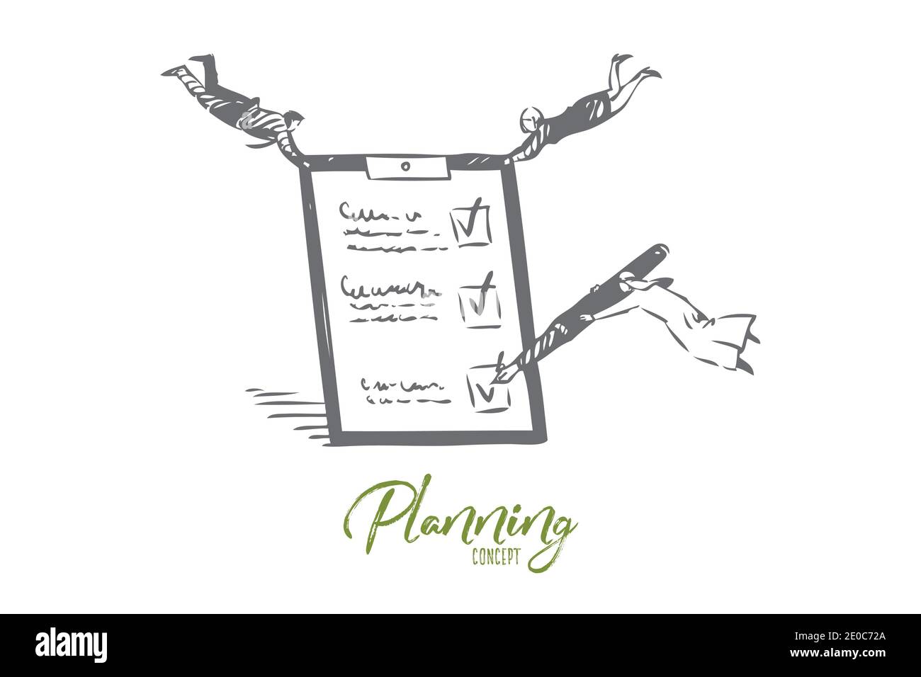 Planning concept sketch. Floating people checking items off to do list ...