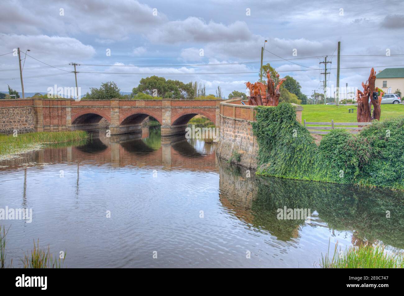 Aerial view of the red bridge in Campbell town in Tasmania, Australia ...