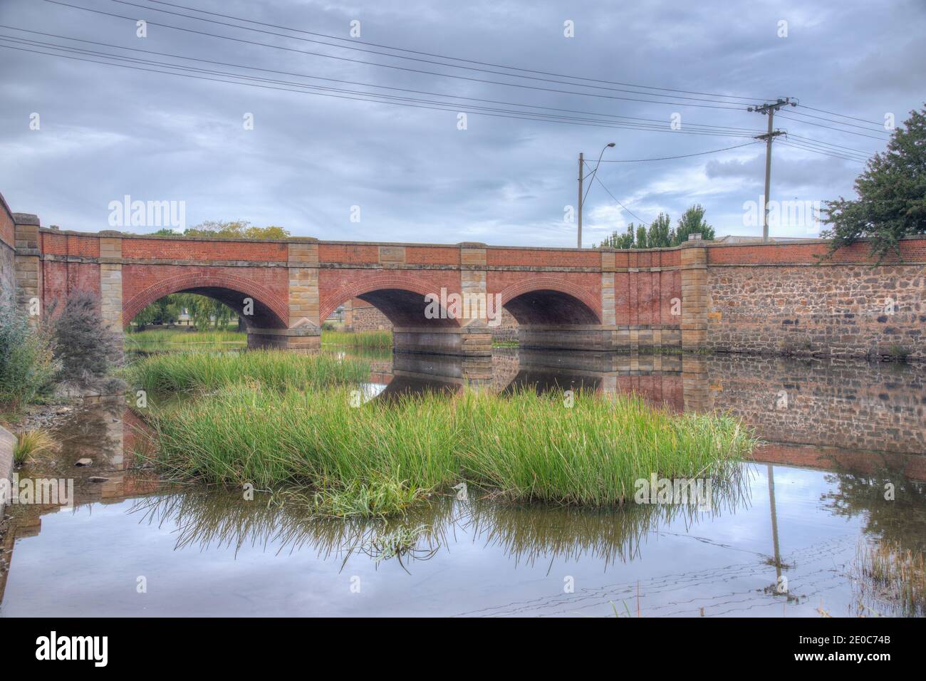 Aerial view of the red bridge in Campbell town in Tasmania, Australia ...