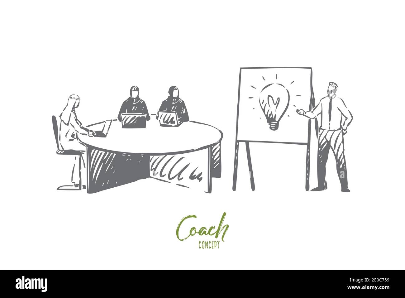 Coach concept sketch. Business partnership, arab businessman and ...