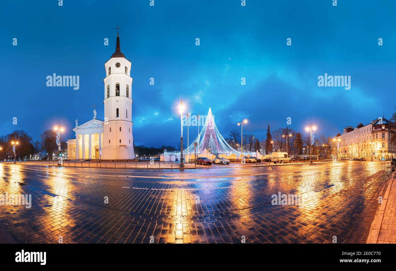 Vilnius, Lithuania. Christmas Tree On Background Bell Tower Belfry Of ...