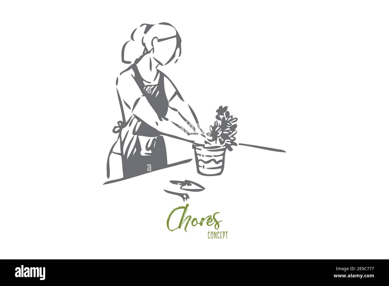 Gardener concept sketch. Girl with apron planting potted plants. Taking ...