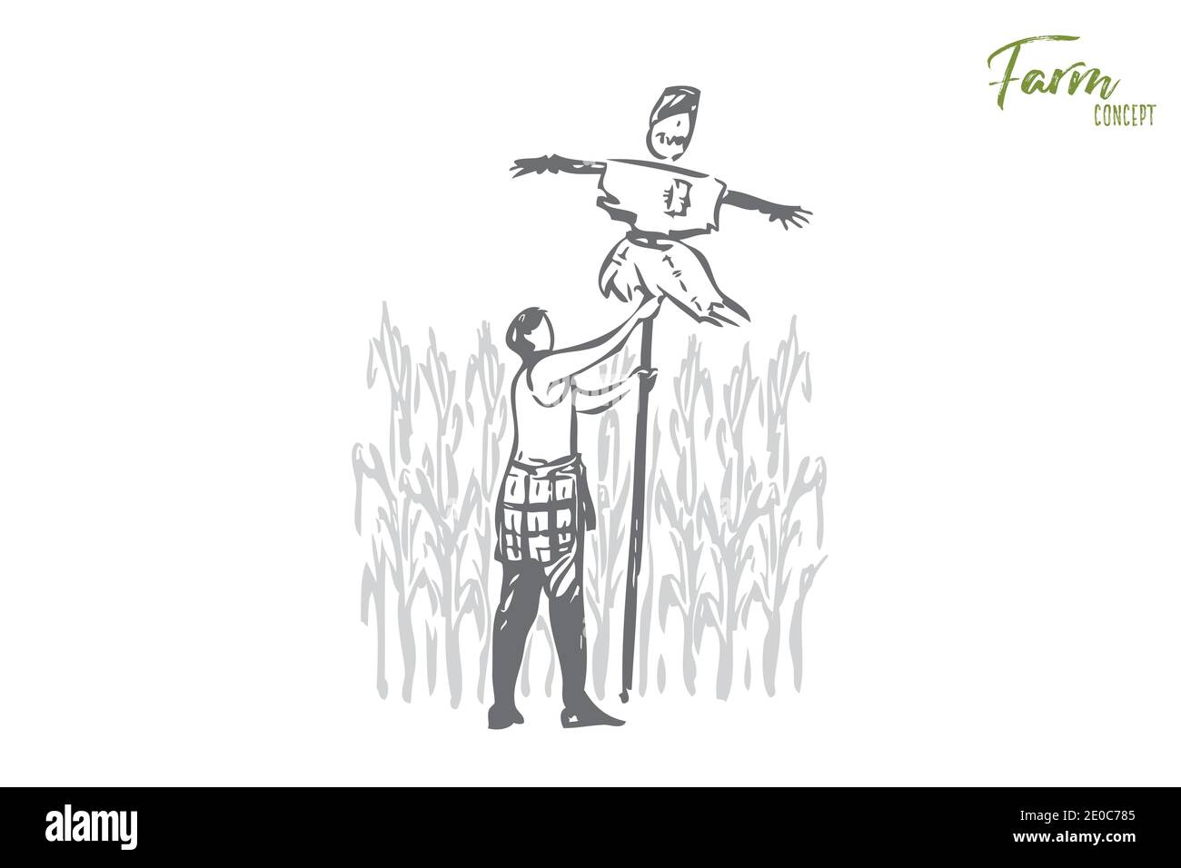 Scaring off pests concept sketch. Woman putting up scarecrow. Working ...