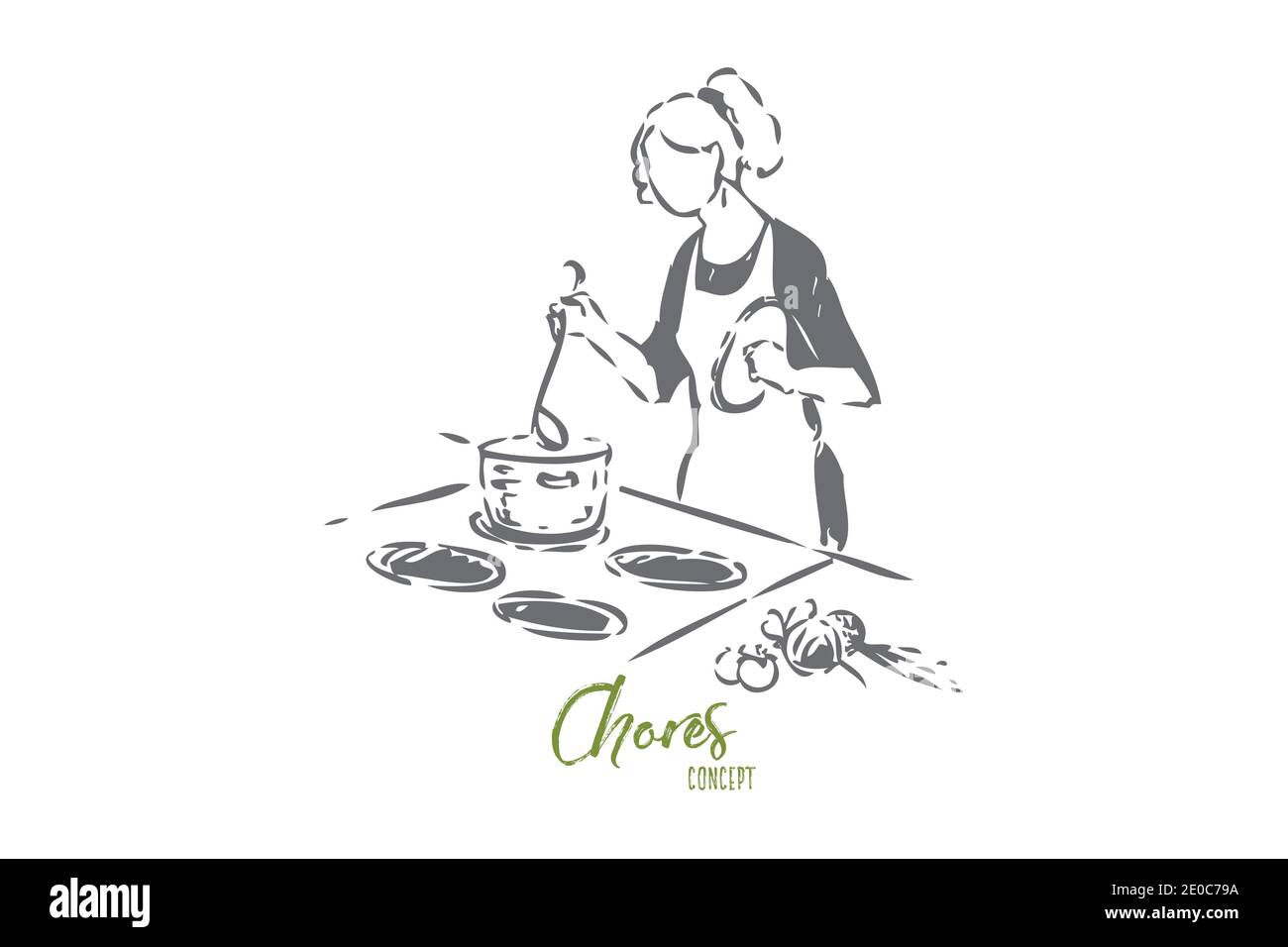 Home chef concept sketch. Woman preparing meal. Maid cooking soup. Stew ...