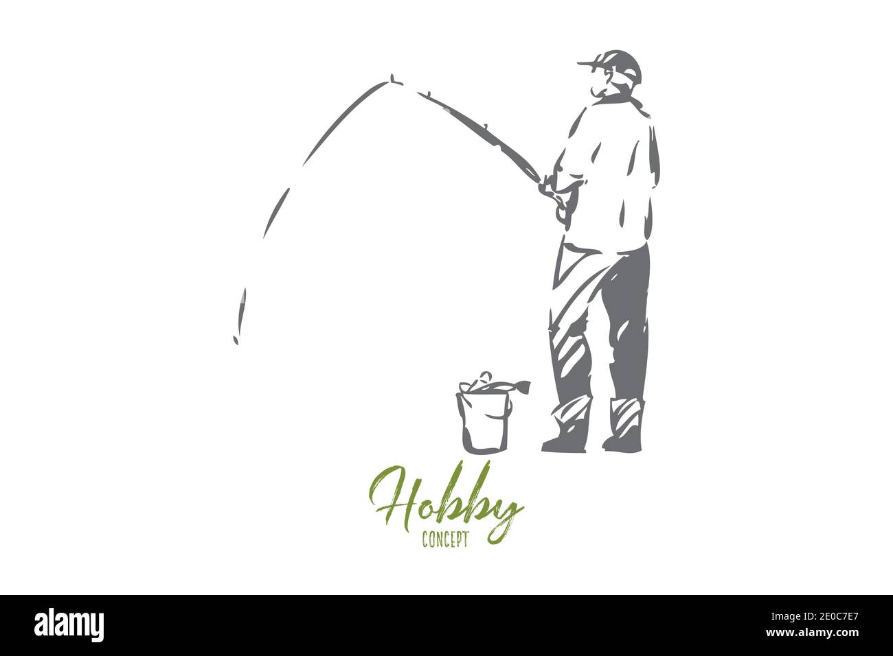 Fishery concept sketch. Man fishing on shore of river, lake. Quiet ...