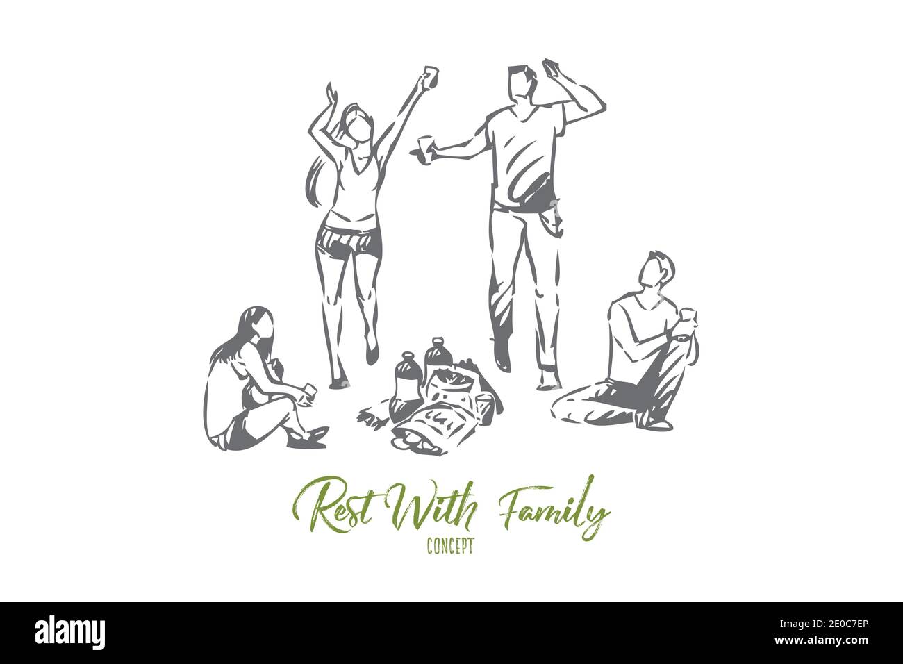 Rest with friends concept sketch. Going on picnic with relatives ...