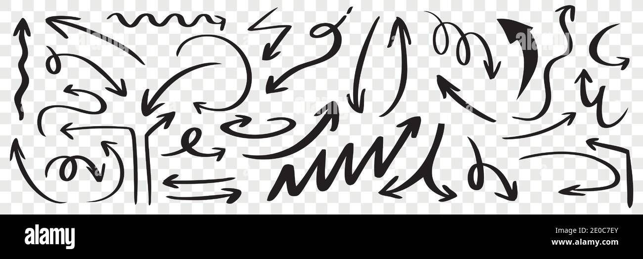 Set of hand drawn black arrows. Doodle curved scattered scribble sketch ...