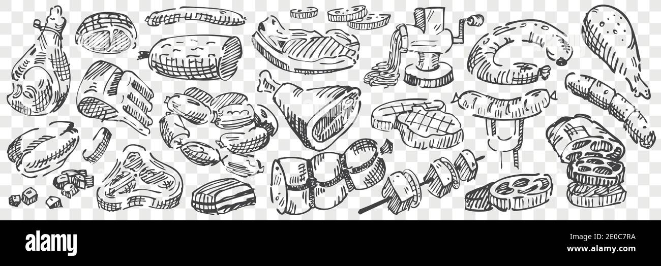 Hand drawn meat doodle set. Collection of beaf veal mutton lamb chicken ...