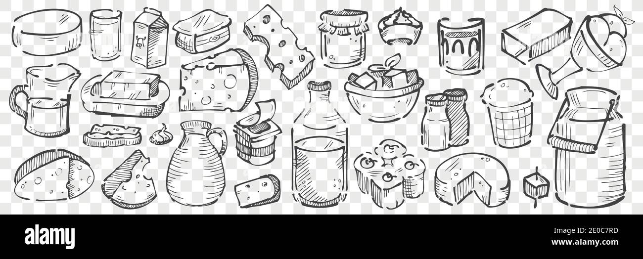 Hand drawn dairy produce doodle set. Collection of pencil chalk drawing ...
