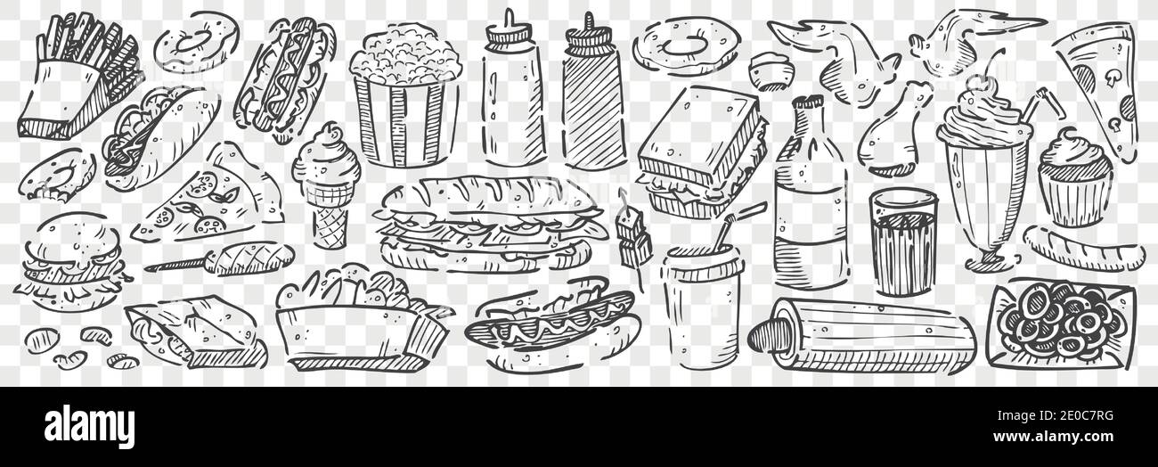 Hand drawn junk food doodle set. Collection of pencil chalk drawing ...