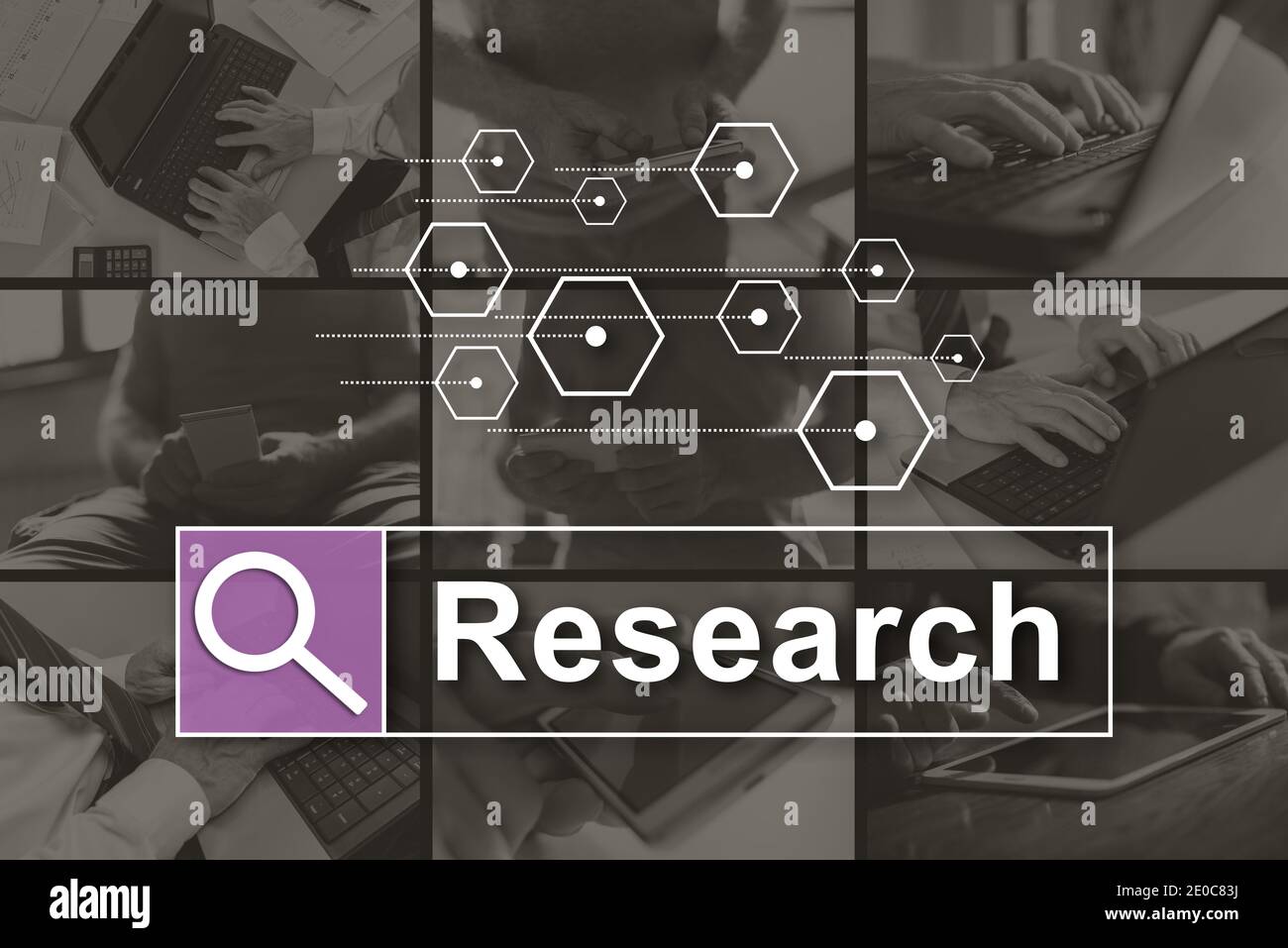 Research concept illustrated by pictures on background Stock Photo - Alamy