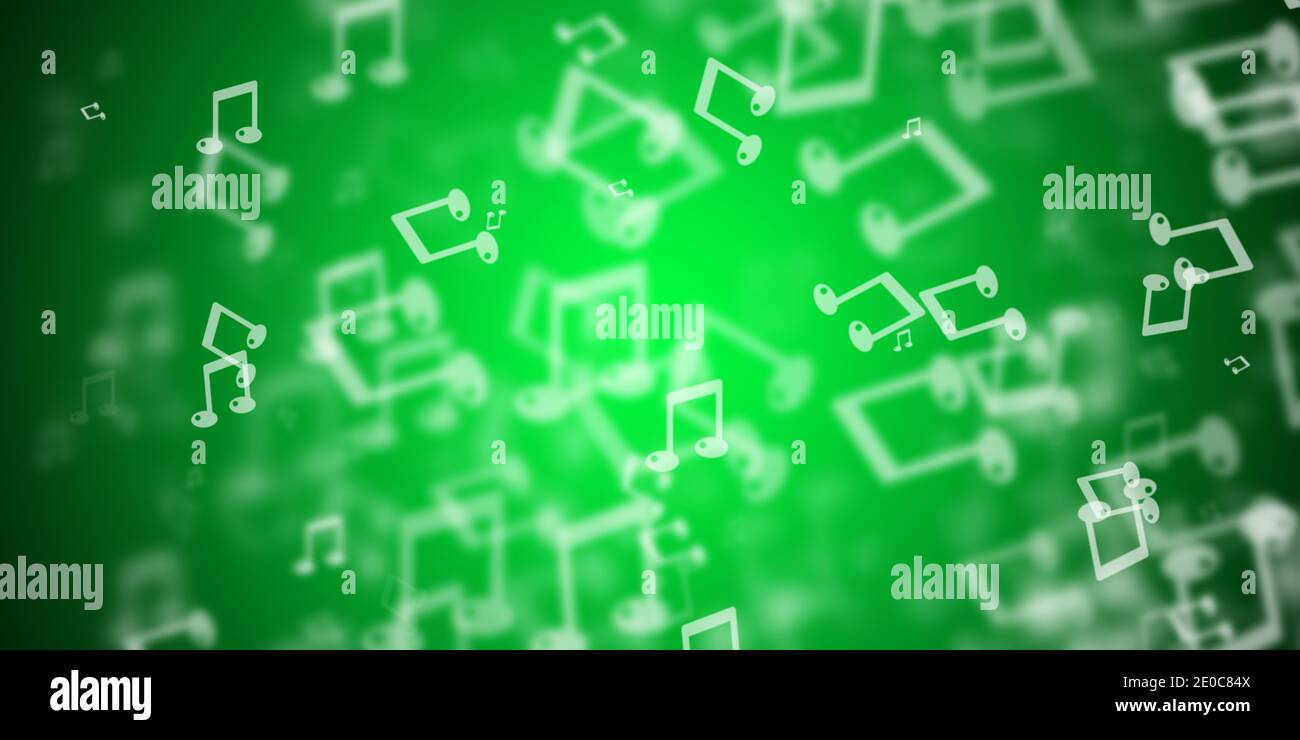Flying music notes over flashy green background Stock Photo - Alamy
