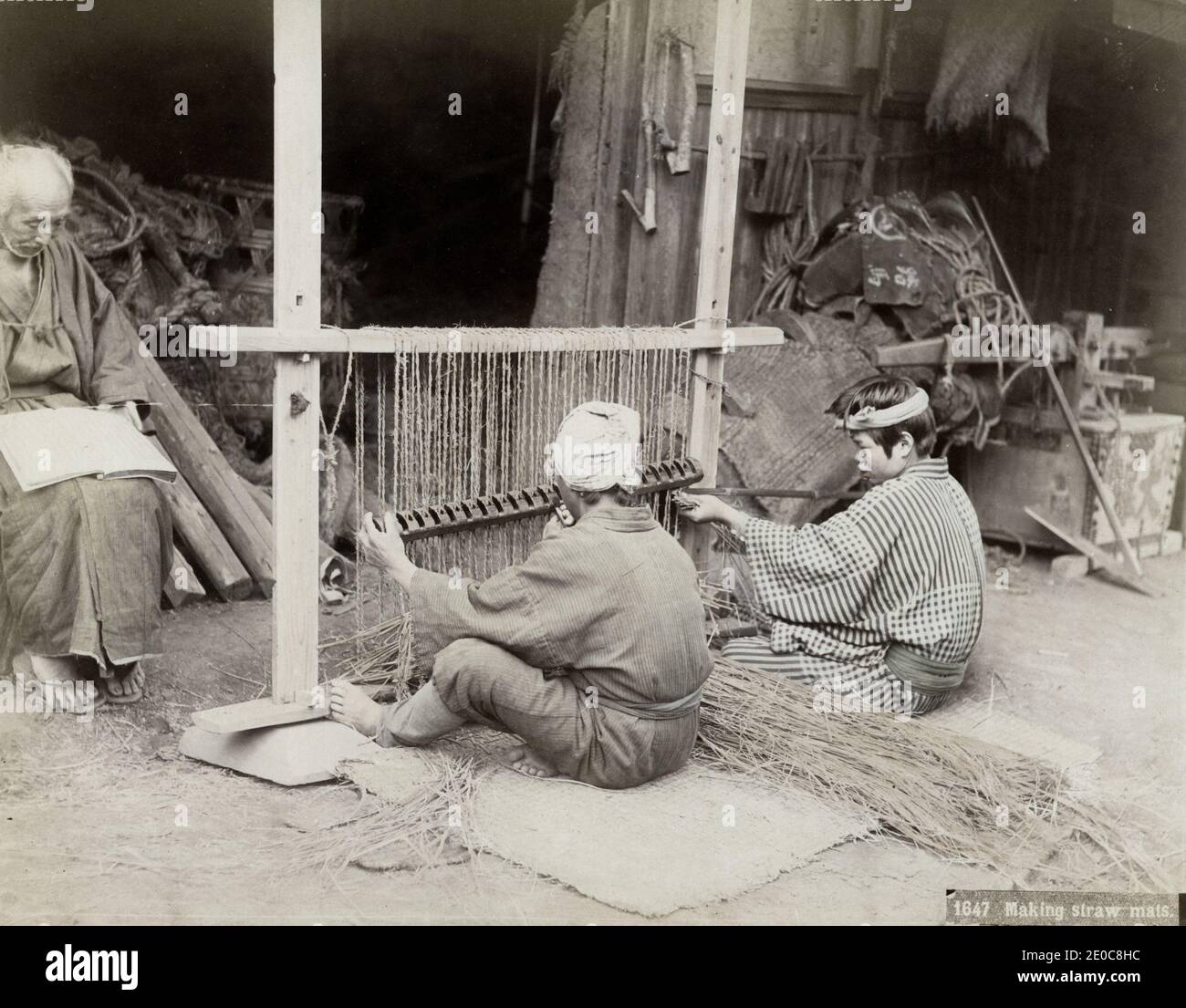19th century vintage photograph - Japanese men weaving straw mats on a ...