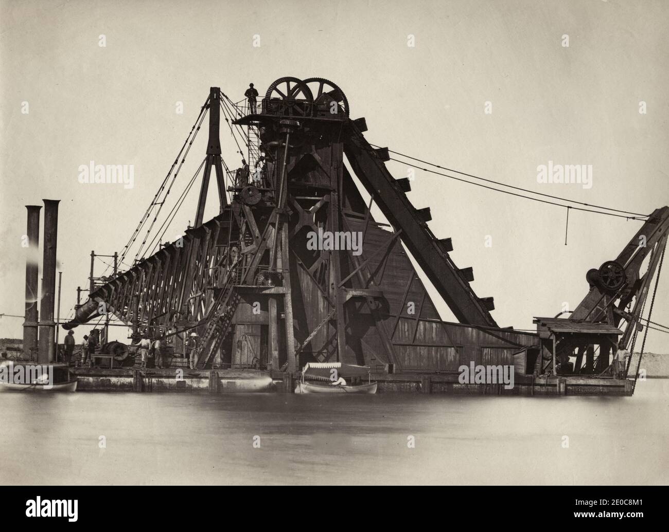 19th century vintage photograph - steam driven dredger, dredging barge ...