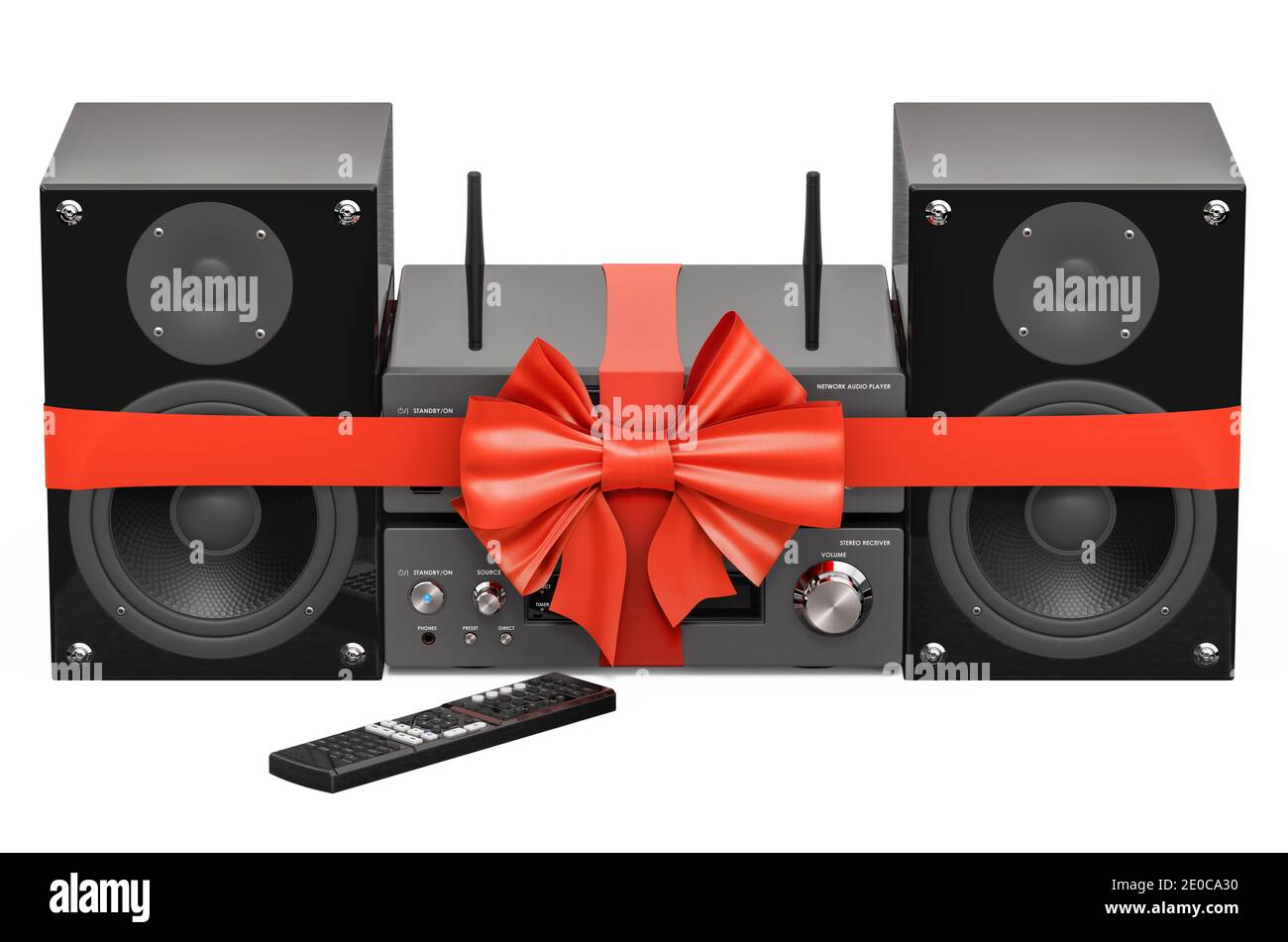 Home stereo system with ribbon and bow, gift concept. 3D rendering ...