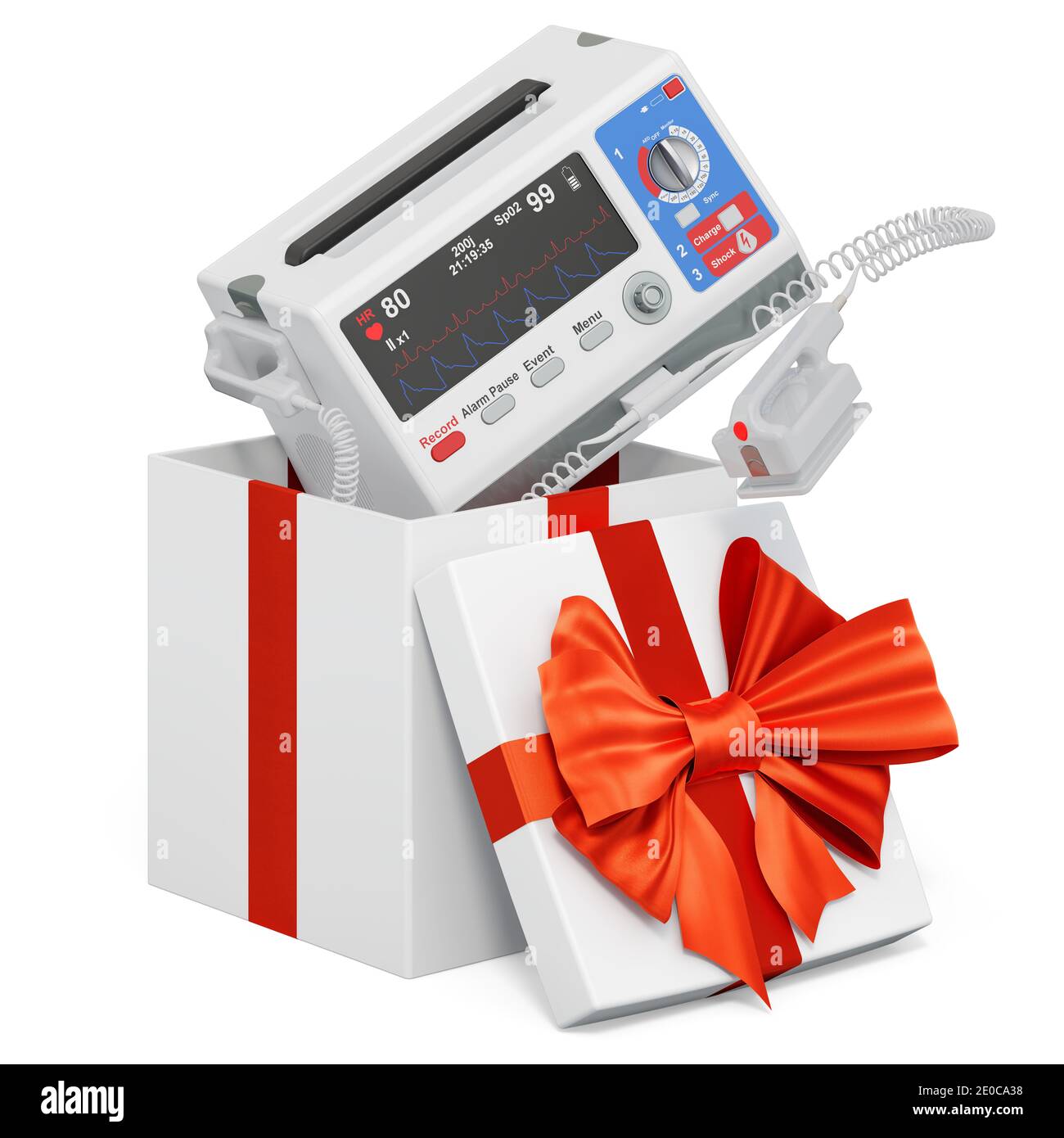 Automated external defibrillator inside gift box, present concept. 3D ...