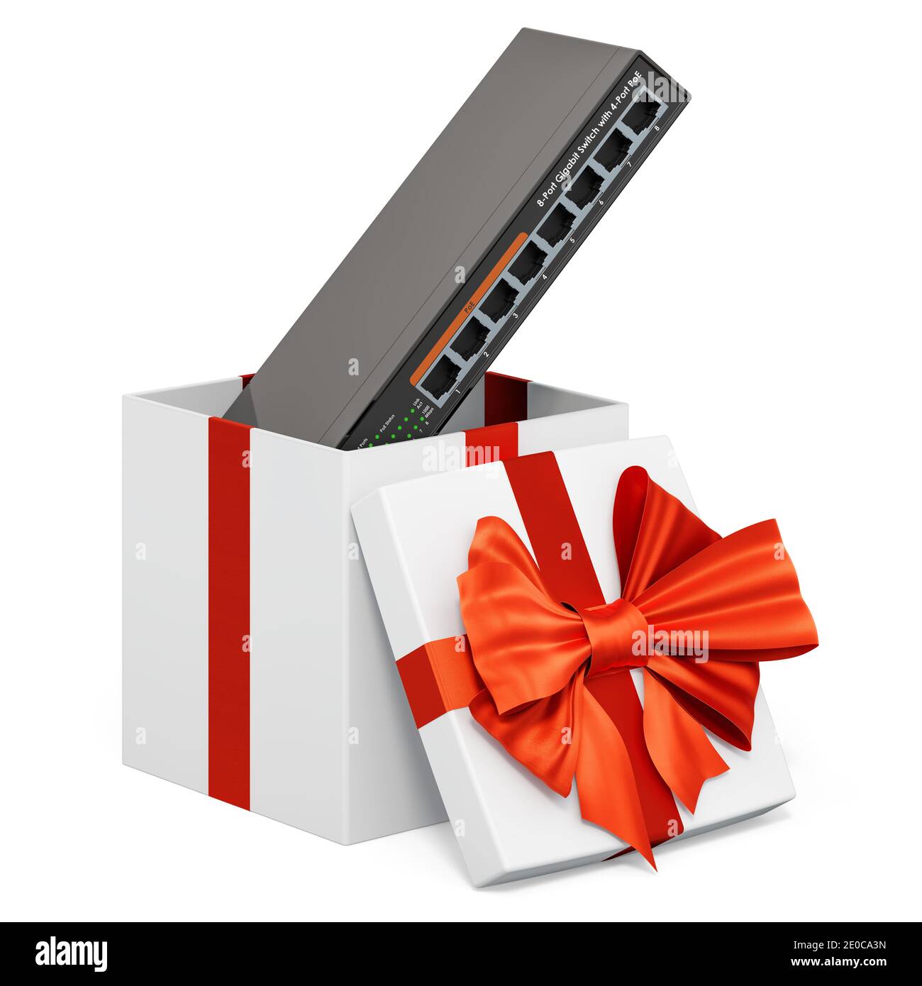 Network switch inside gift box, present concept. 3D rendering isolated ...