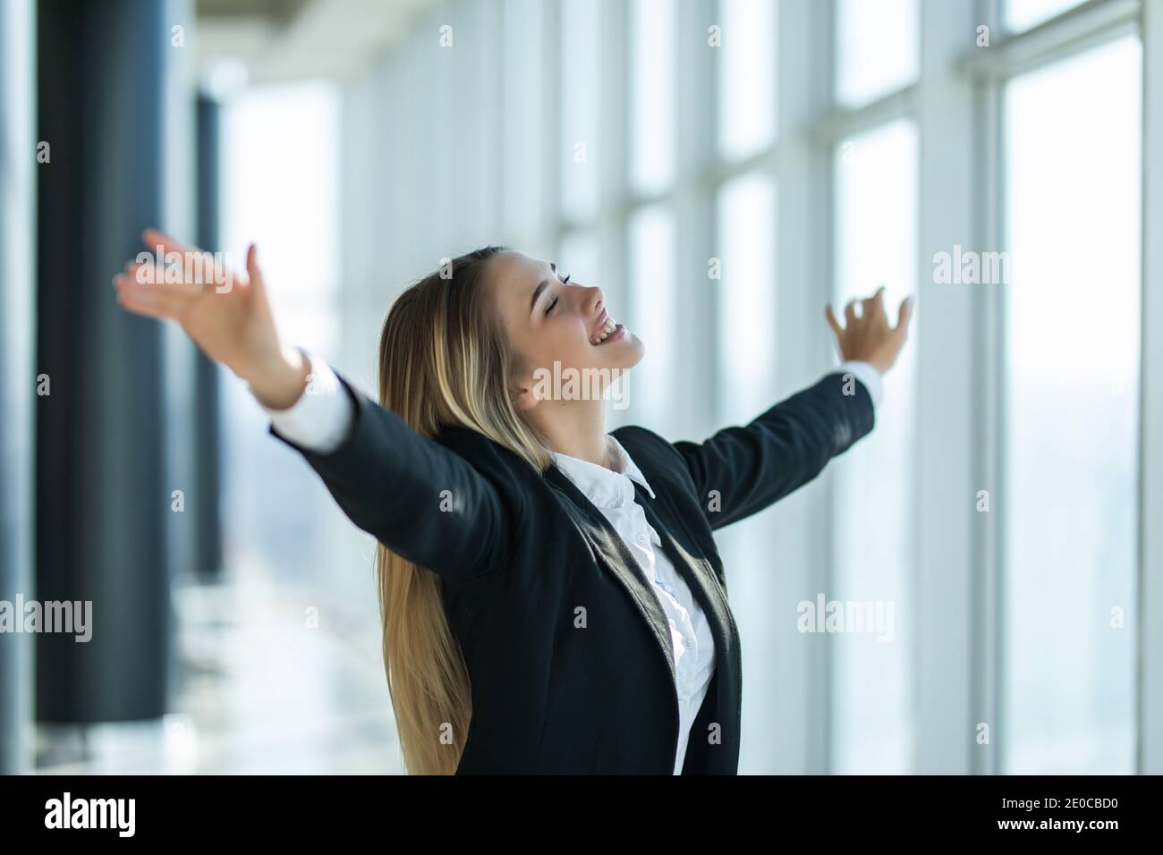 Sucessful project. Happy business woman in office, enjoying new ...