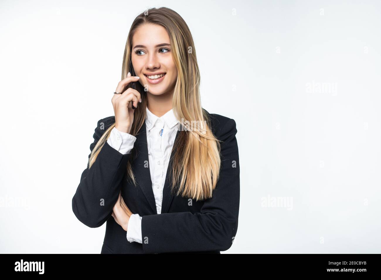 Happy Smiling Successful Businesswoman With Cell Phone Isolated On