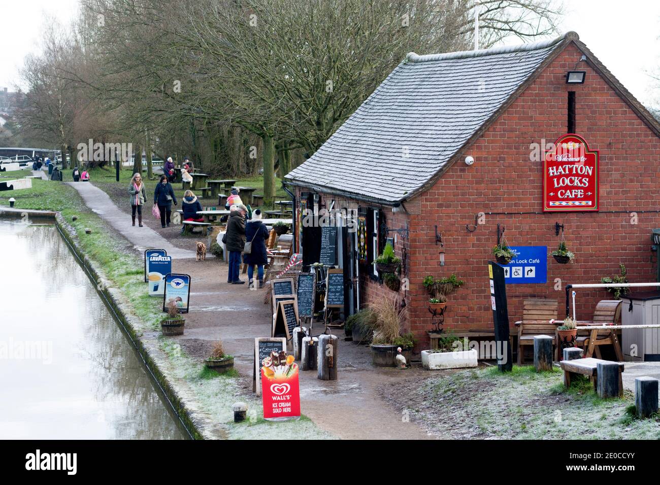 Hatton Locks Cafe in winter, Grand Union Canal, Warwickshire, England ...