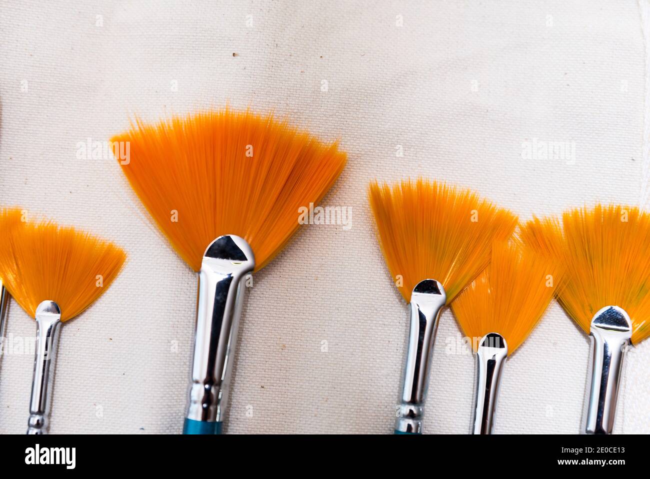 Flat paint brushes spread over a white cloth. Painting tools close up ...