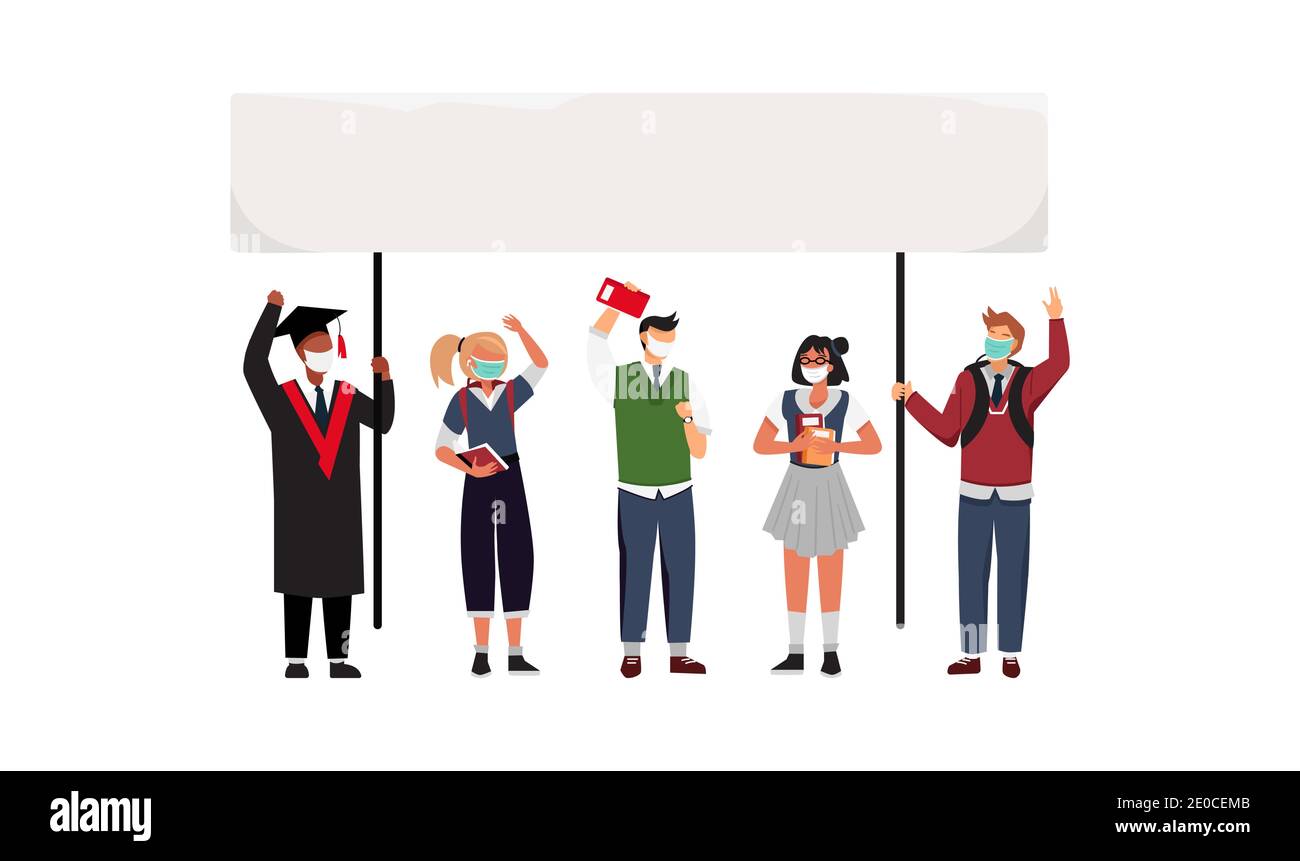 students in face masks protest in a meeting during a coronavirus ...