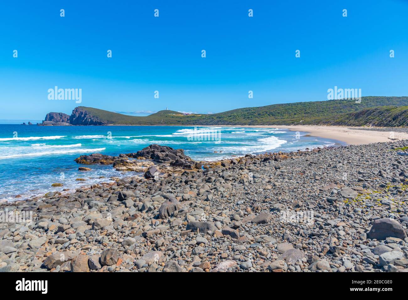 Cape Bruny lighthouse overlooking the Lighthouse bay at Bruny Island in ...
