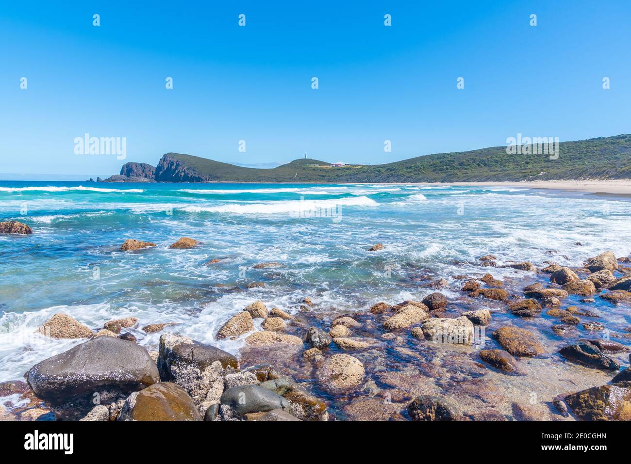 Cape Bruny lighthouse overlooking the Lighthouse bay at Bruny Island in ...