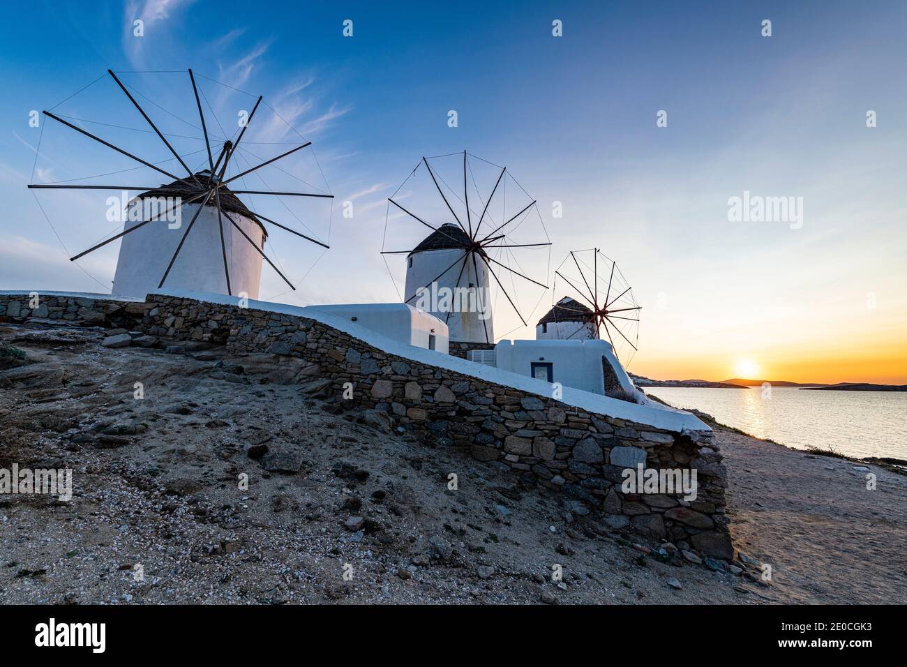 The Windmills (Kato Milli) at sunset, Horta, Mykonos, Cyclades, Greek ...