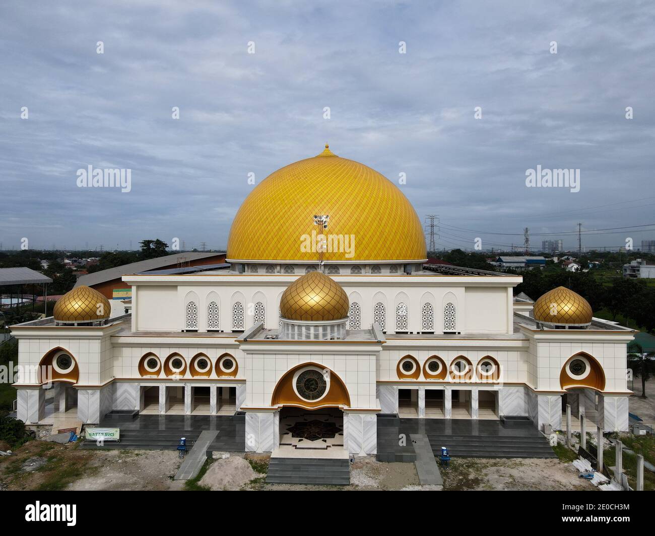 Aerial view of The Largest Mosque Masjid Kubah Emas at Bekasi, Ramadan ...
