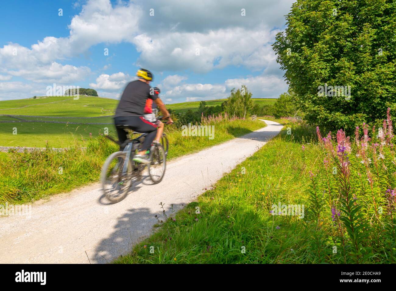 View of cyclist on the Tissington Trail, Tissington, Peak District ...