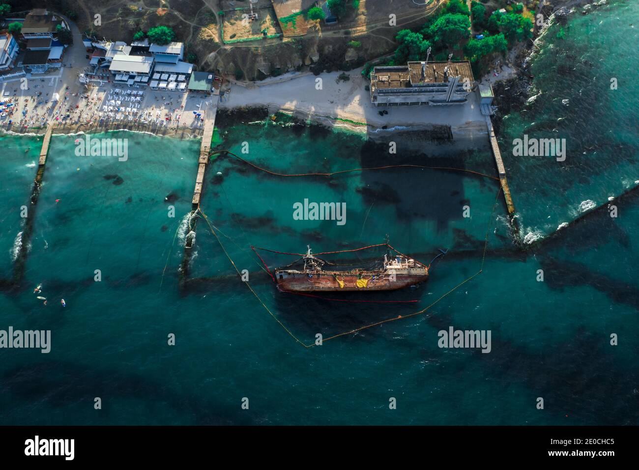 Top view of an old tanker that ran aground and overturned Stock Photo ...