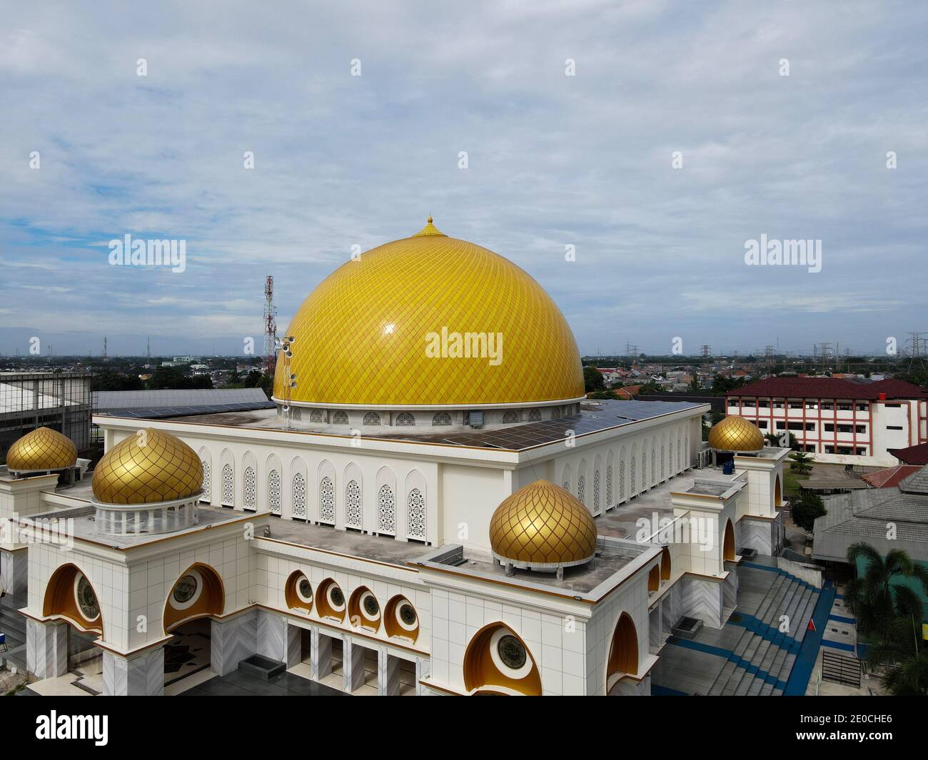 Aerial view of The Largest Mosque Masjid Kubah Emas at Bekasi, Ramadan ...