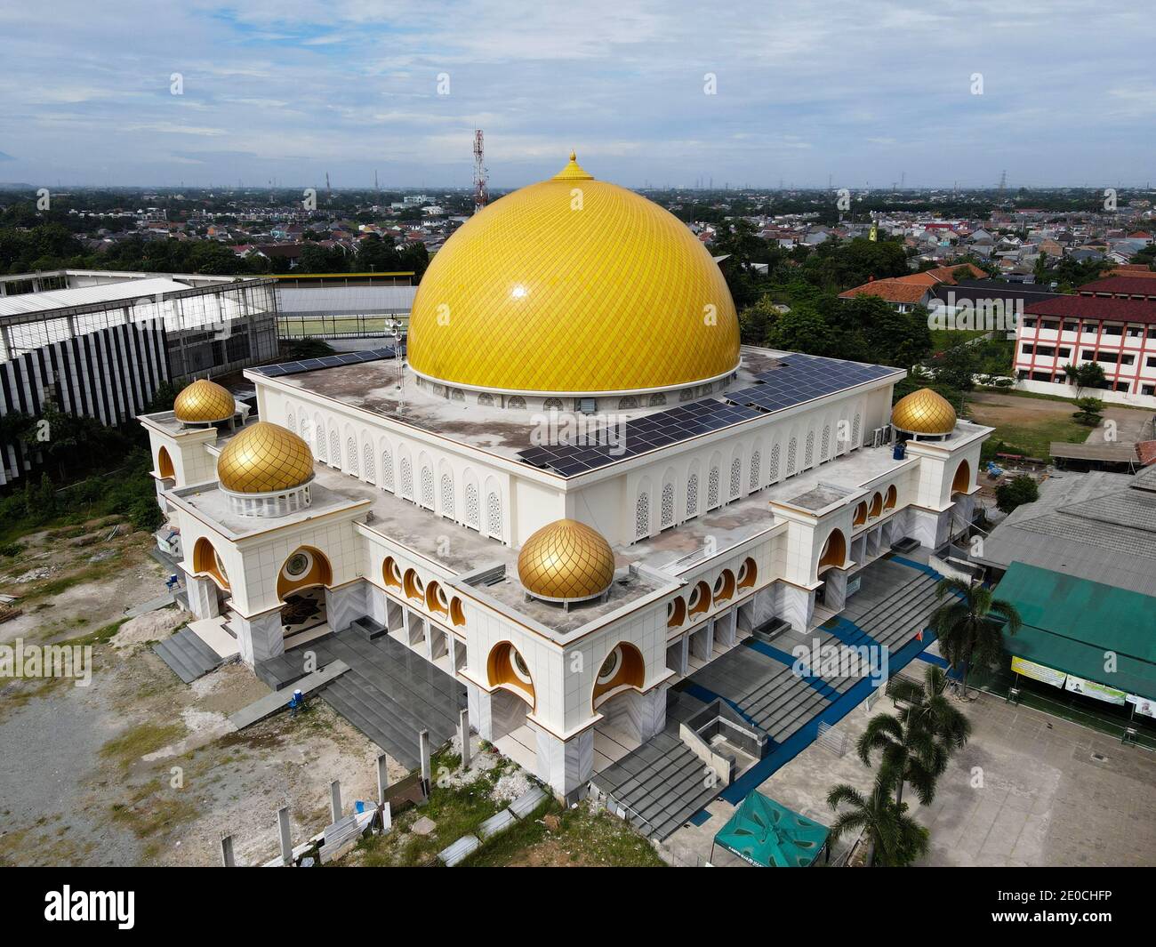 Aerial view of The Largest Mosque Masjid Kubah Emas at Bekasi, Ramadan ...