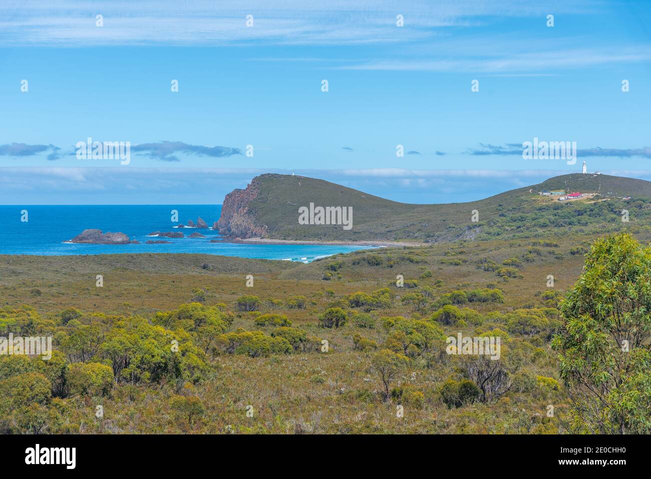 Cape Bruny lighthouse overlooking the Lighthouse bay at Bruny Island in ...