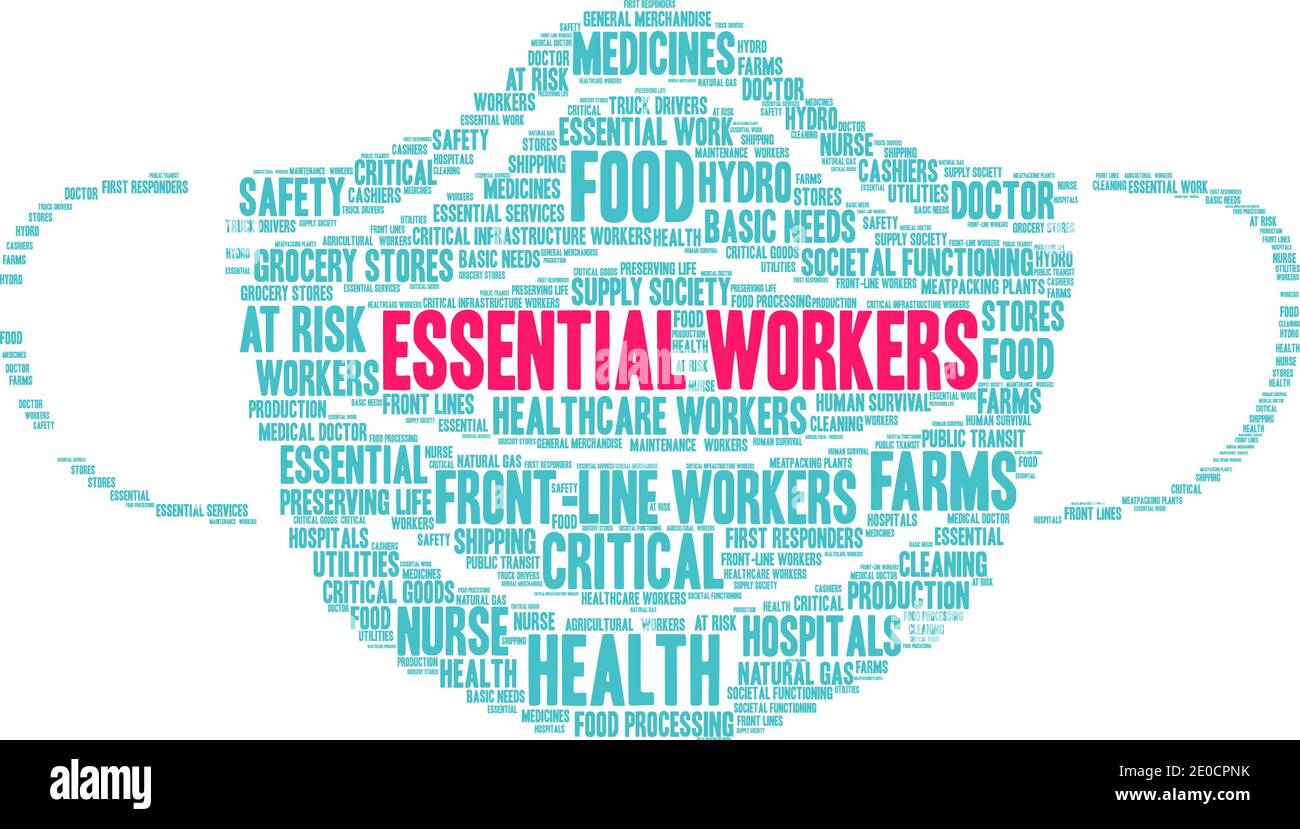 Essential Workers word cloud on a white background Stock Vector Image ...