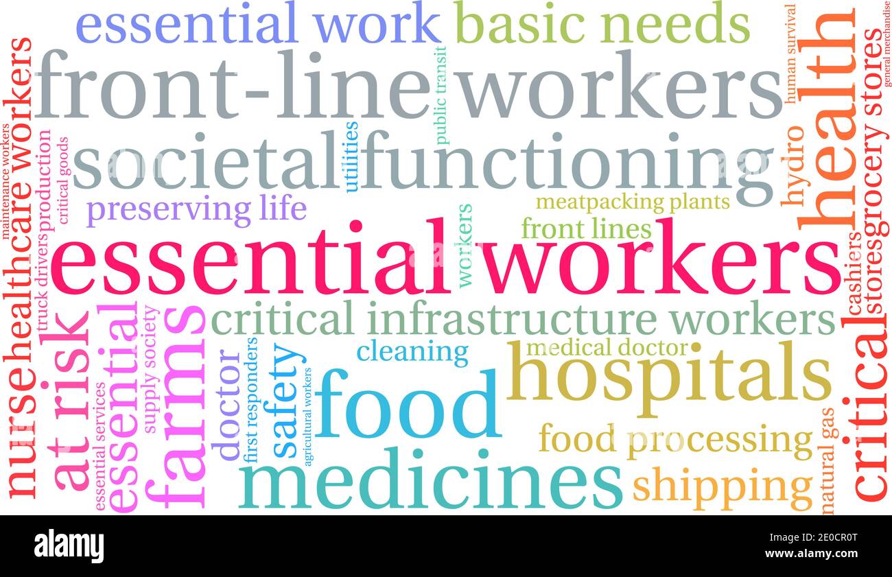 Essential Workers word cloud on a white background Stock Vector Image ...