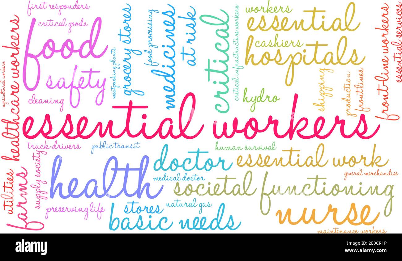 Essential Workers word cloud on a white background Stock Vector Image ...