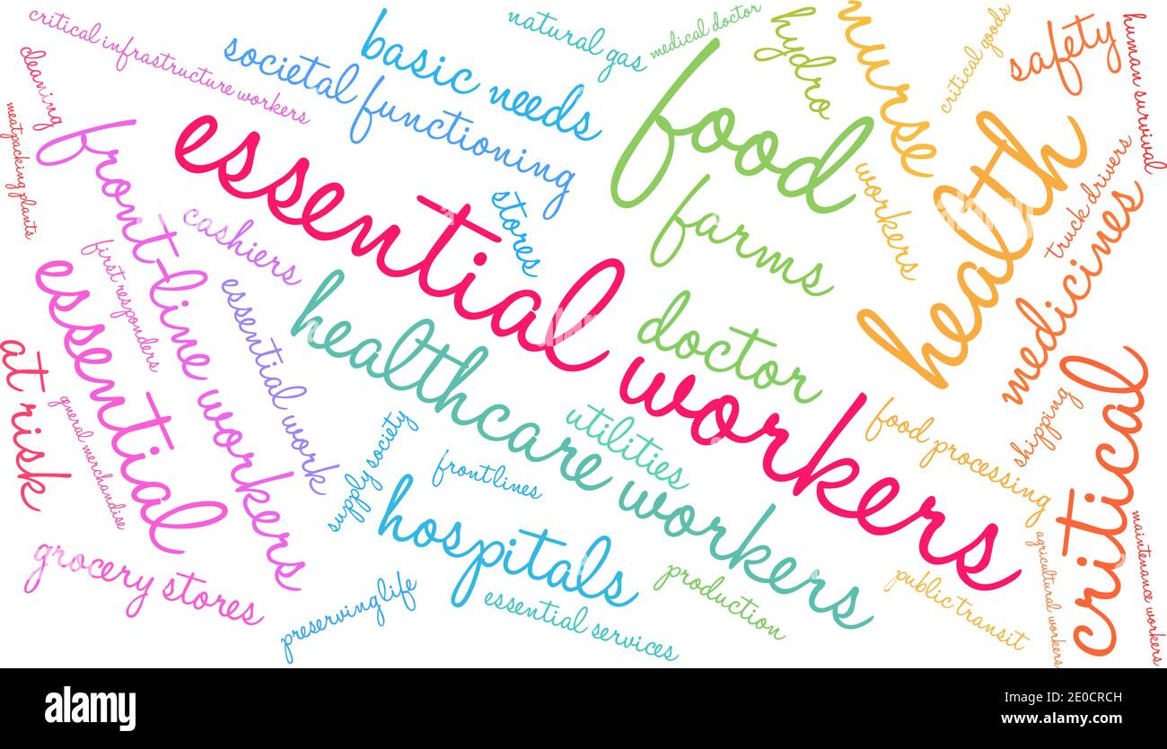 Essential Workers word cloud on a white background Stock Vector Image ...