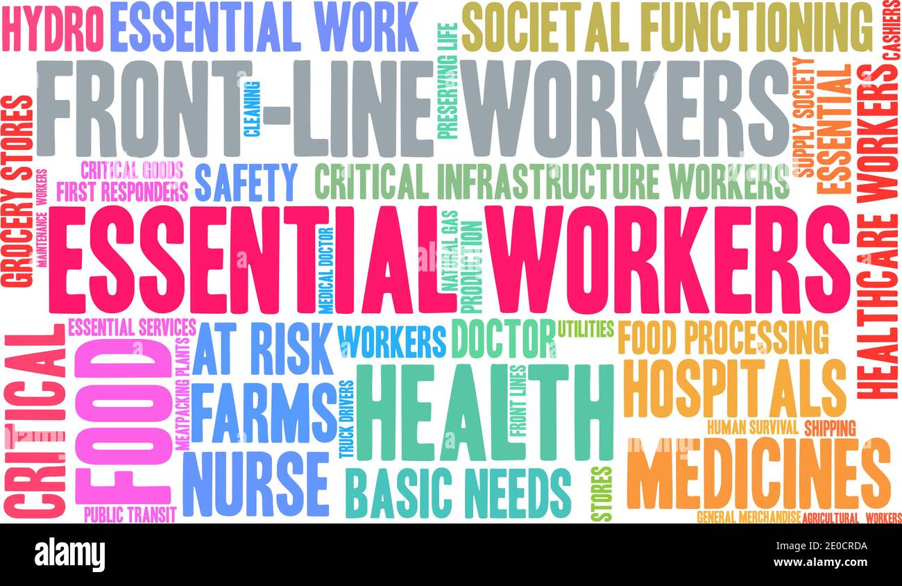 Essential Workers word cloud on a white background Stock Vector Image ...