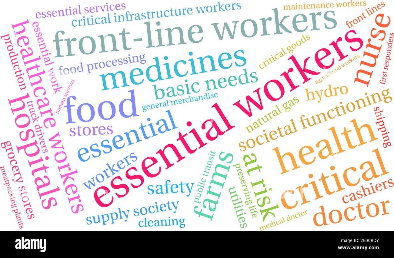 Essential Workers word cloud on a white background Stock Vector Image ...