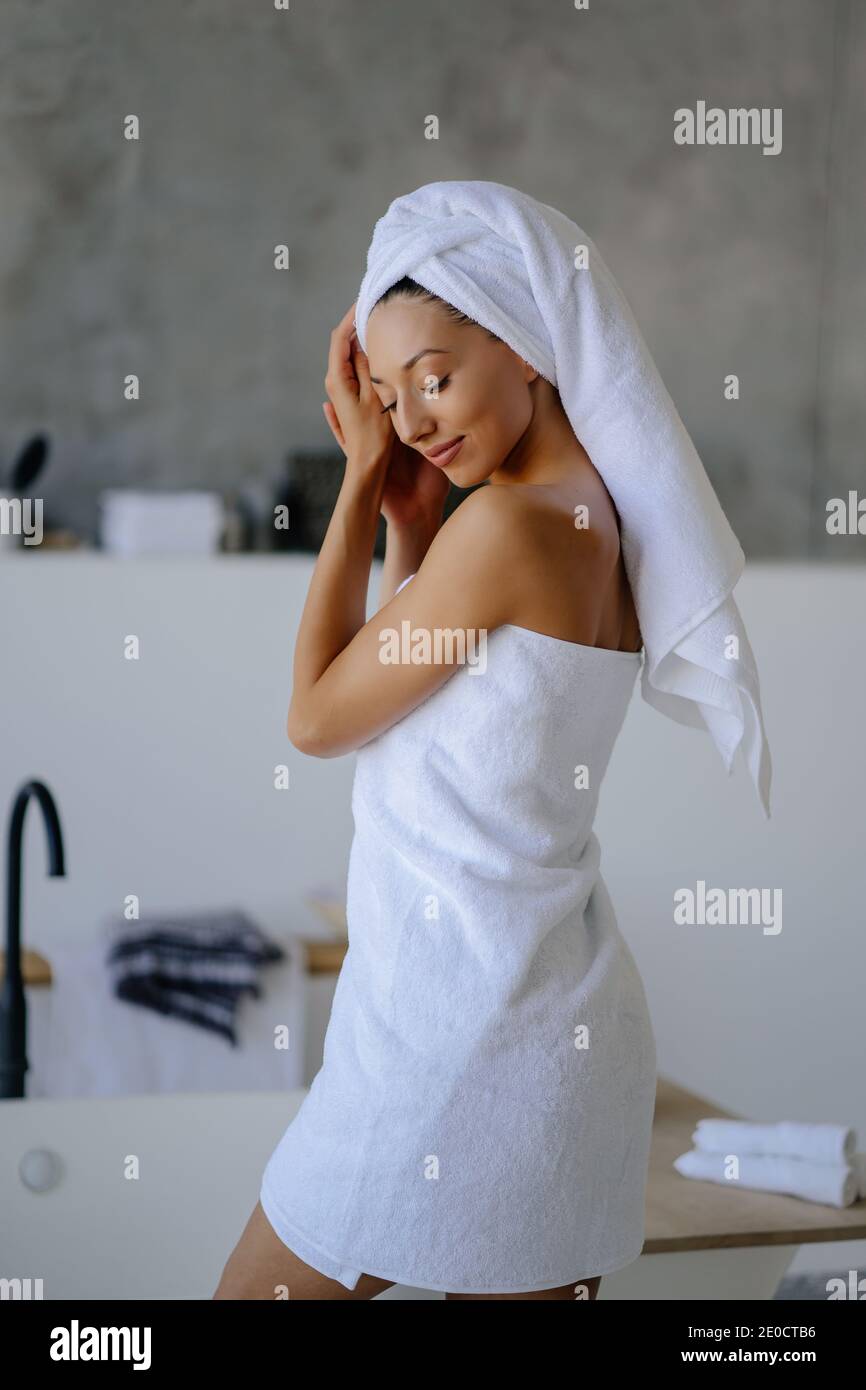 Female model in white towel. Women, beauty and hygiene concept Stock ...